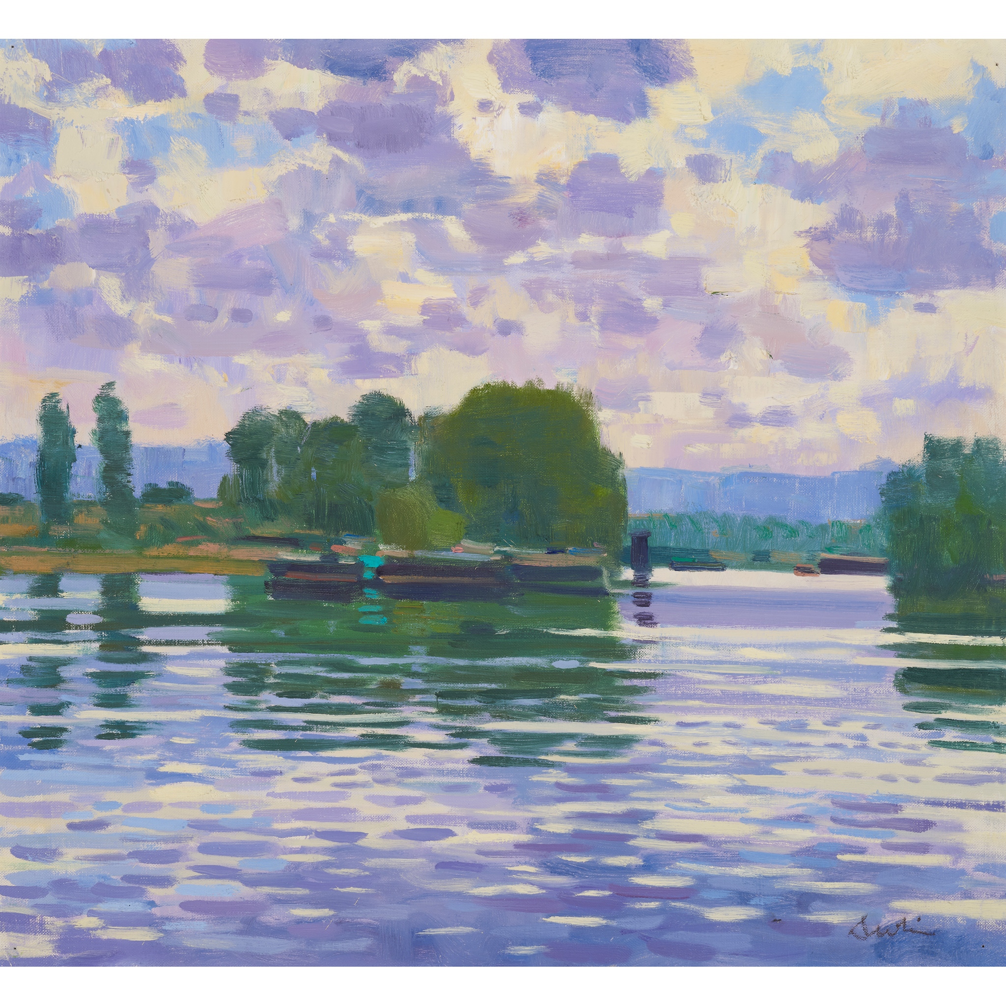 GEORGE DEVLIN R.S.W. (SCOTTISH 1937-2014) SEINE BARGES NEAR ...