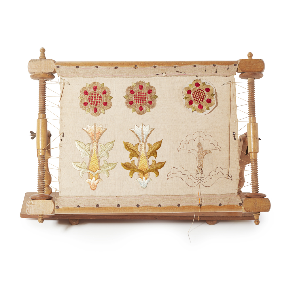 ARTS & CRAFTS EMBROIDERY FRAME WITH SILK AND GOLDWORK MOTIFS ON LINEN ...