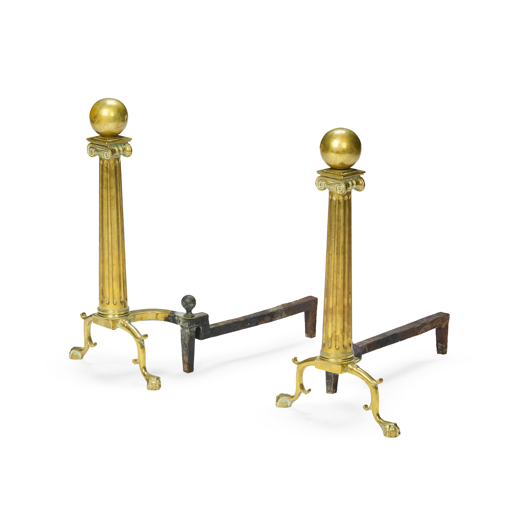 PAIR OF GEORGE III NEOCLASSICAL BRASS AND IRON ANDIRONS 18TH CENTURY ...