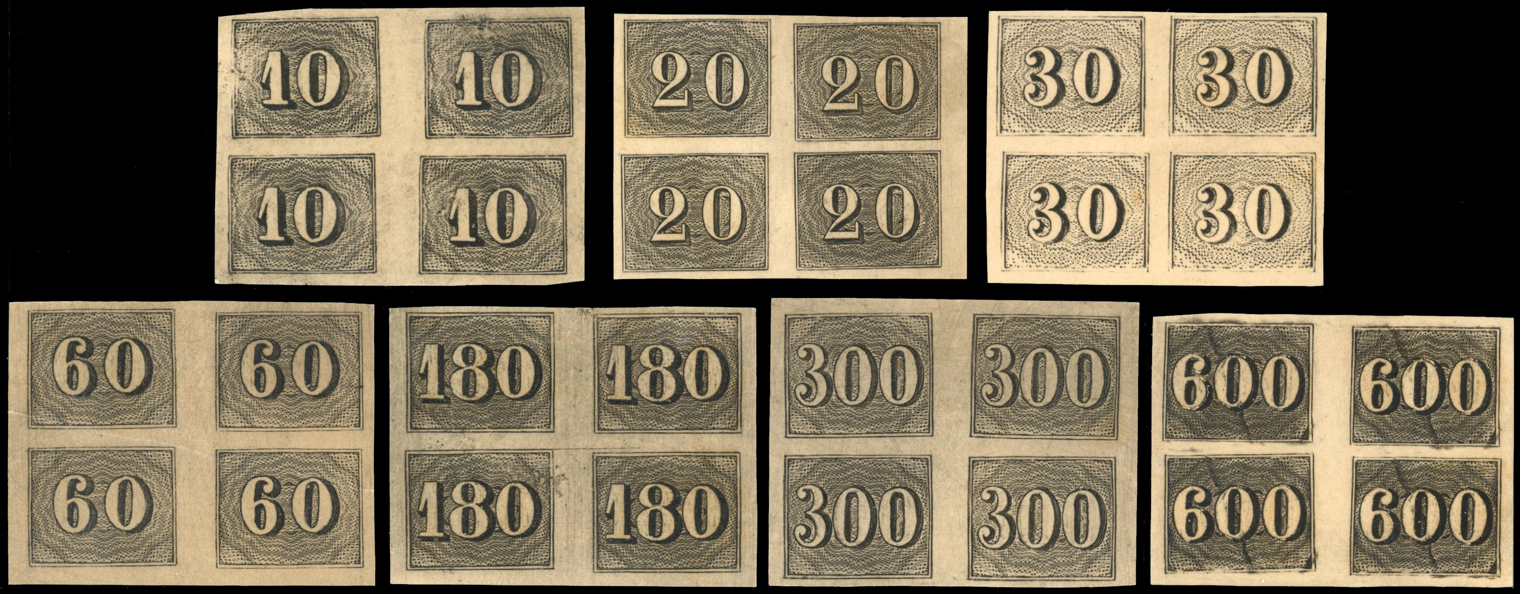 Brazil 1850 Upright Numerals group of seven 1910 reprint blocks of four ...