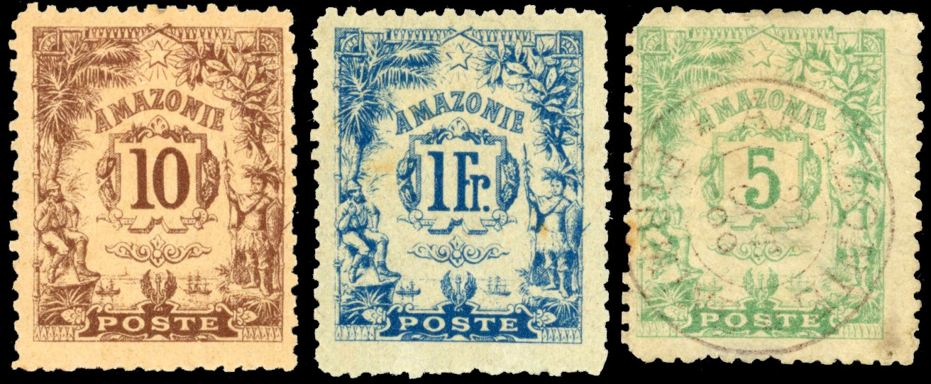 Brazil 1901 Amazonia local issue 5c used and 10c and 1f large part o.g ...