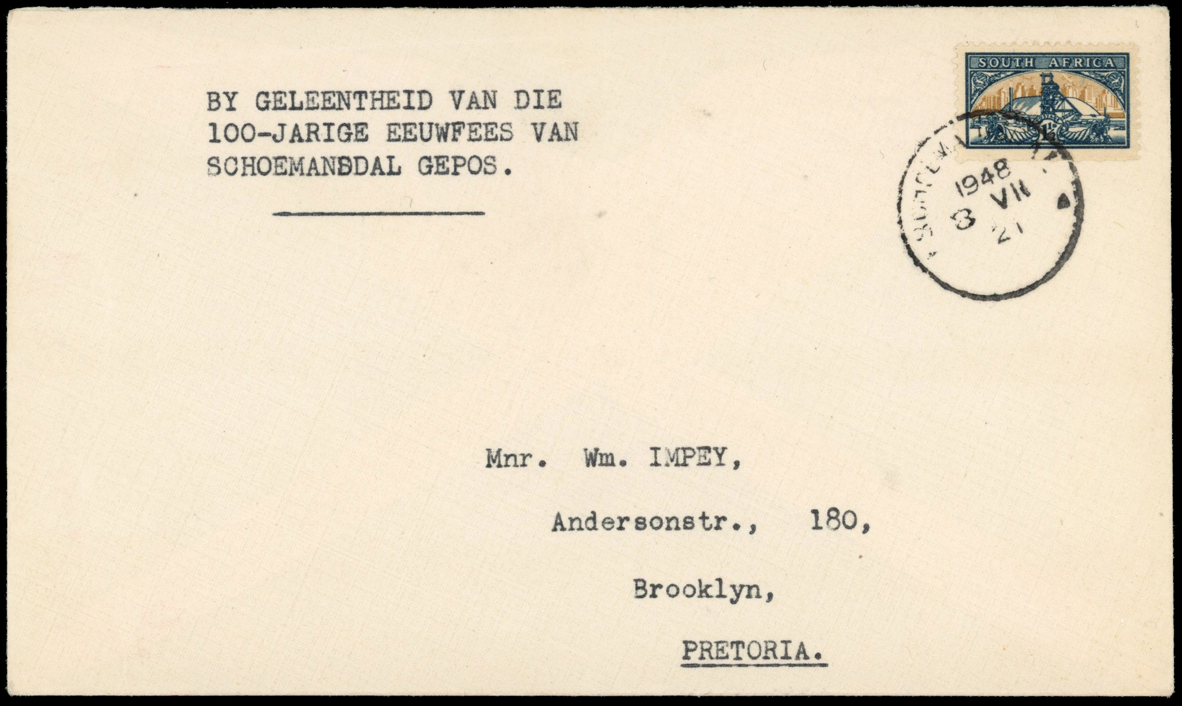 South Africa 1948 envelope with Schoemansdal CDS | 11 February 2026