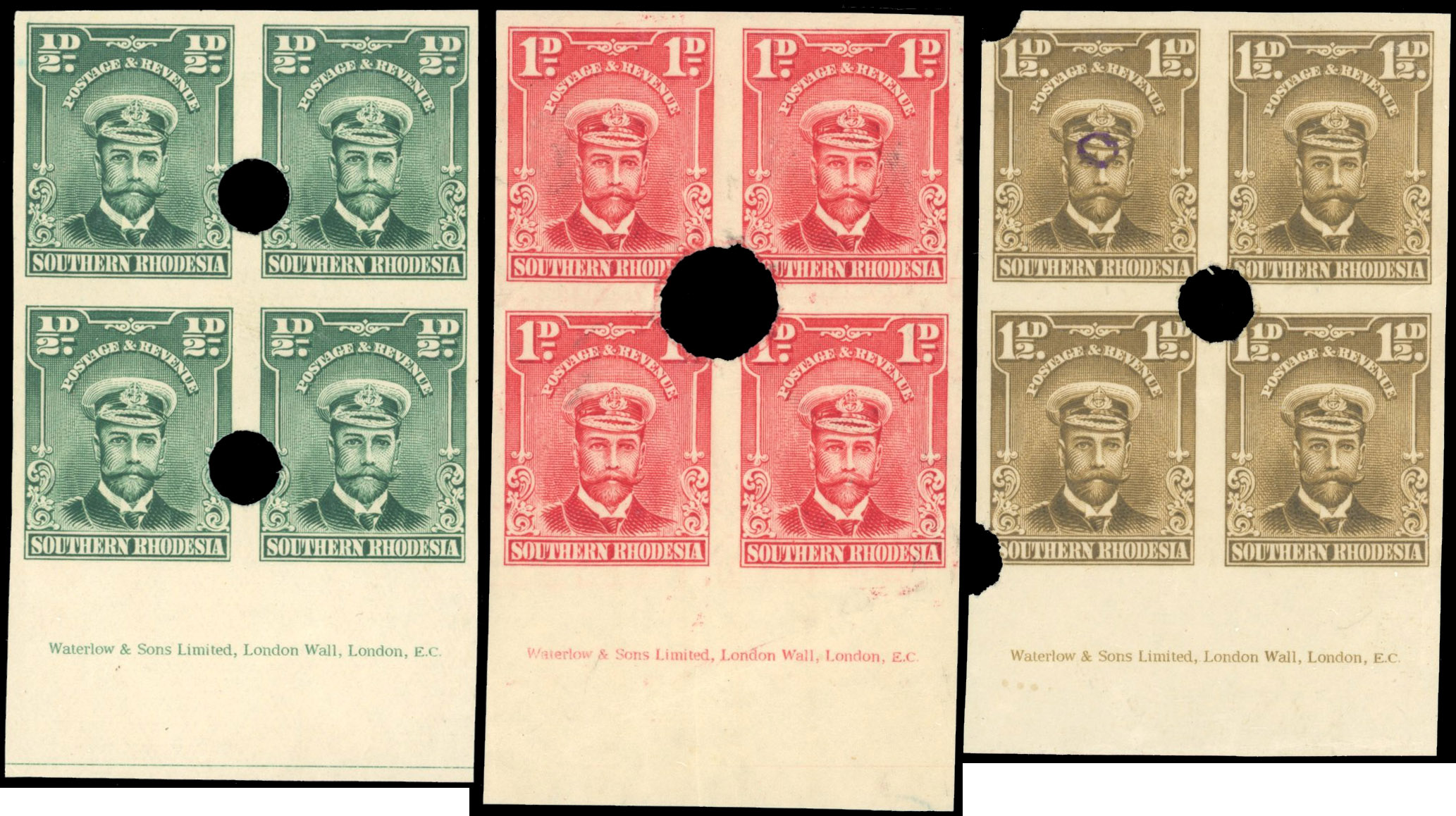Southern Rhodesia SG 1-3 1924 ½d, 1d and 1½d plate proof imprint blocks ...
