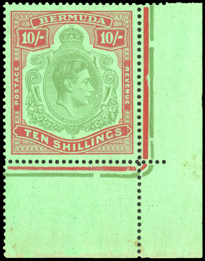 Bermuda SG 119be 1941 10s line HPF 60 broken scroll mint | 11 February 2026