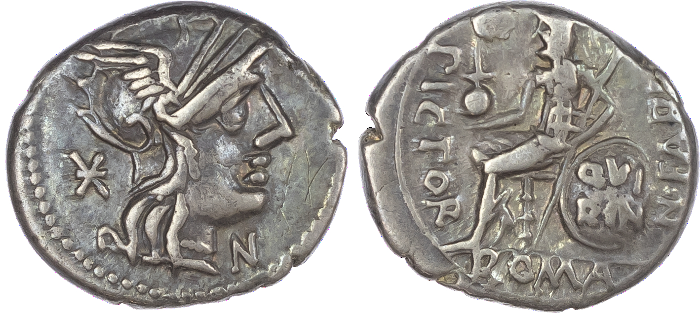 Numerius Fabius Pictor (126 BC) AR Denarius, Rome, 3.86g. Helmeted head ...