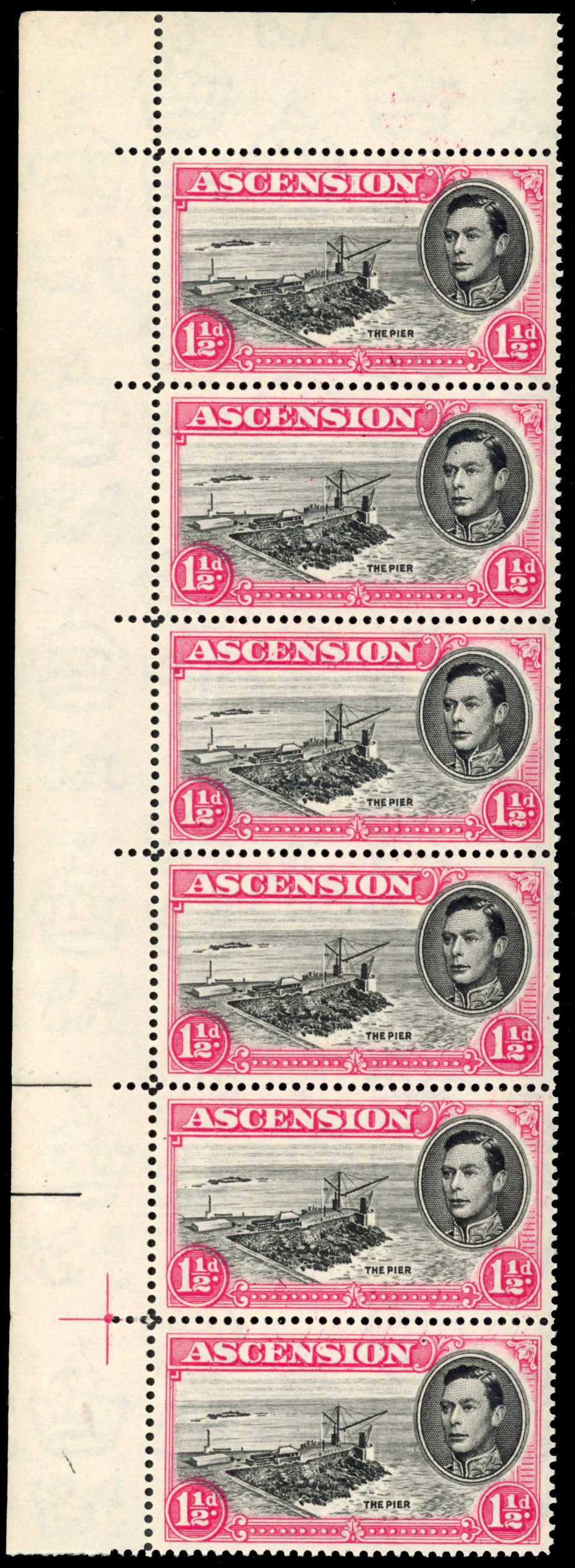 Ascension SG 40da, db 1949 1½d strip, mast and railings and davit flaws ...