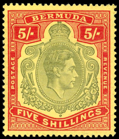 Bermuda SG 118c 1942 5s bronze-green and carmine-red/pale yellow mint ...