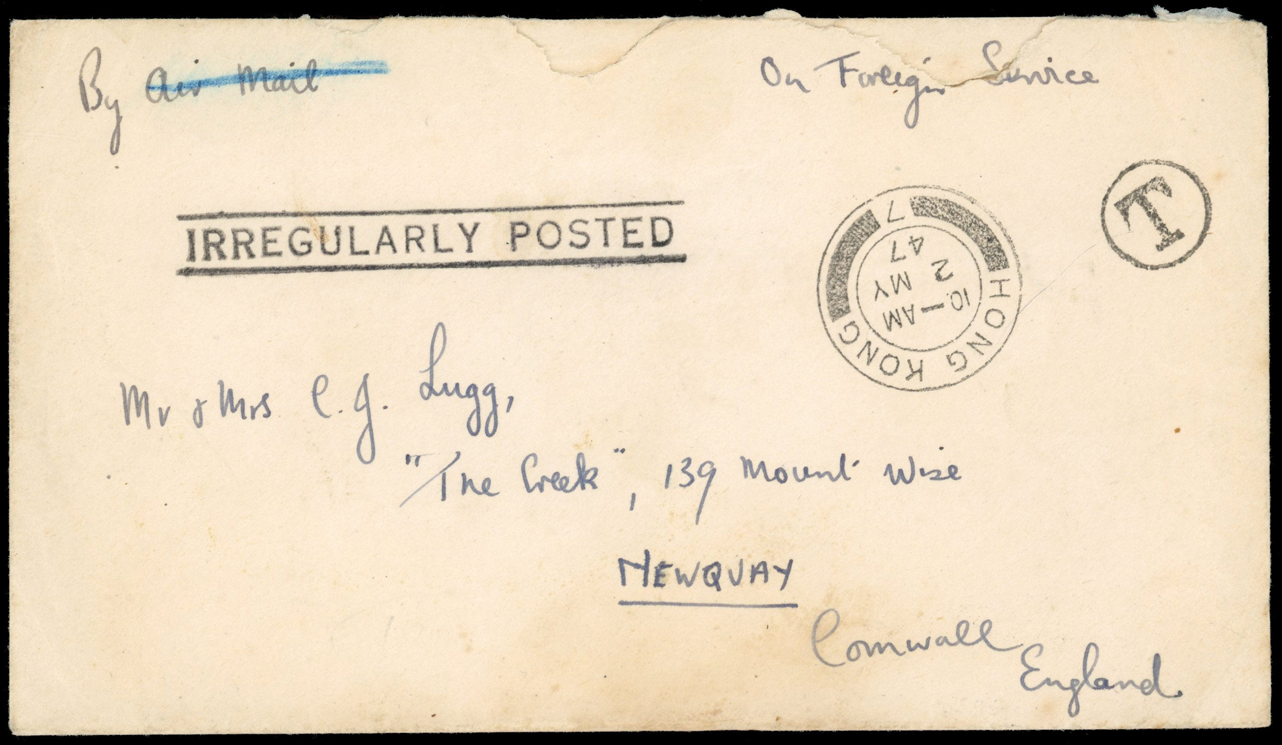 Hong Kong 1947 stampless envelope to England marked ‘On Foreign Service ...