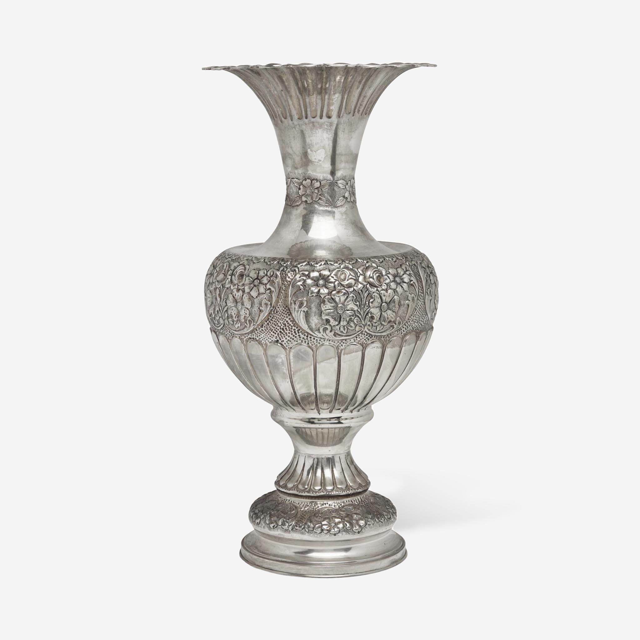 A large sterling silver floral repoussé vase late 19th / early 20th ...