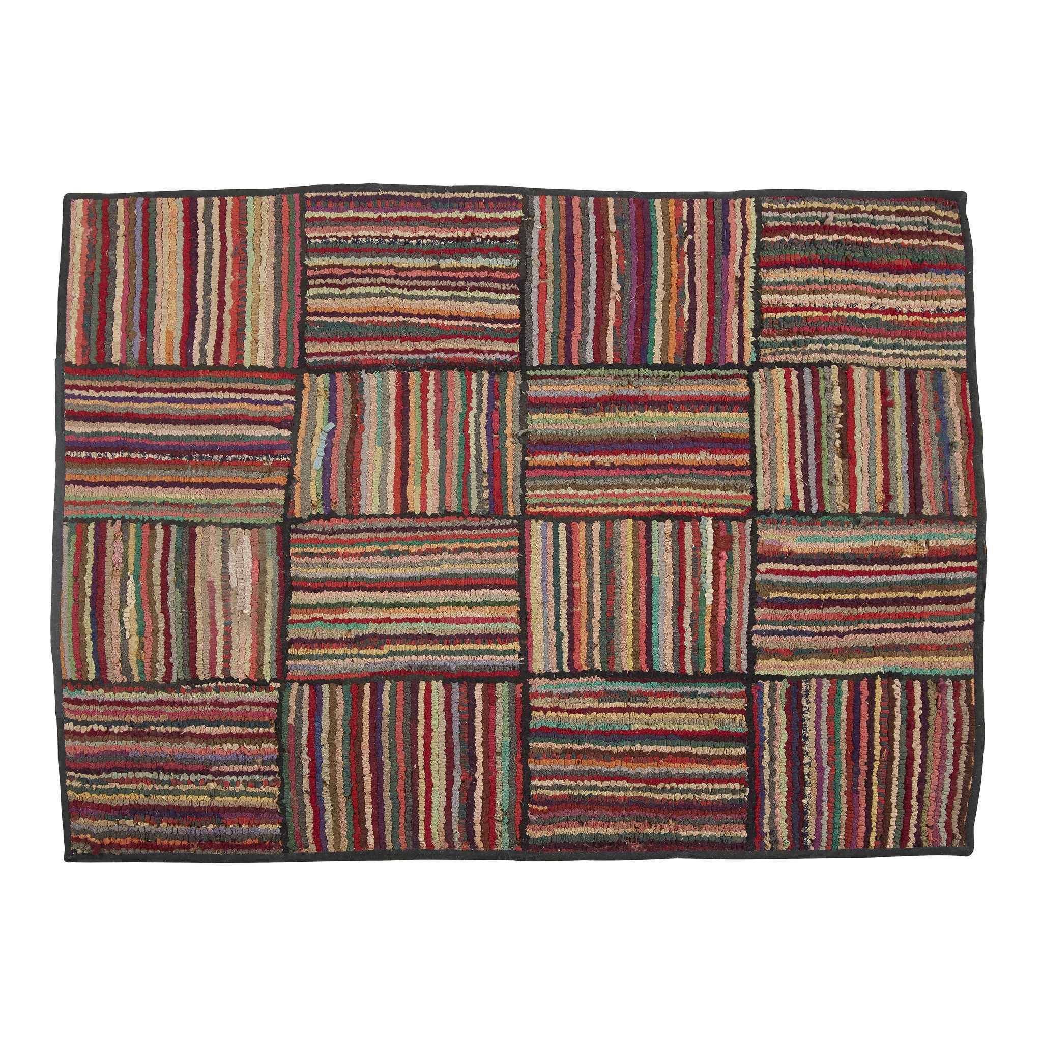 Group of five hooked rugs with multicolored "lines" and rectangles late ...