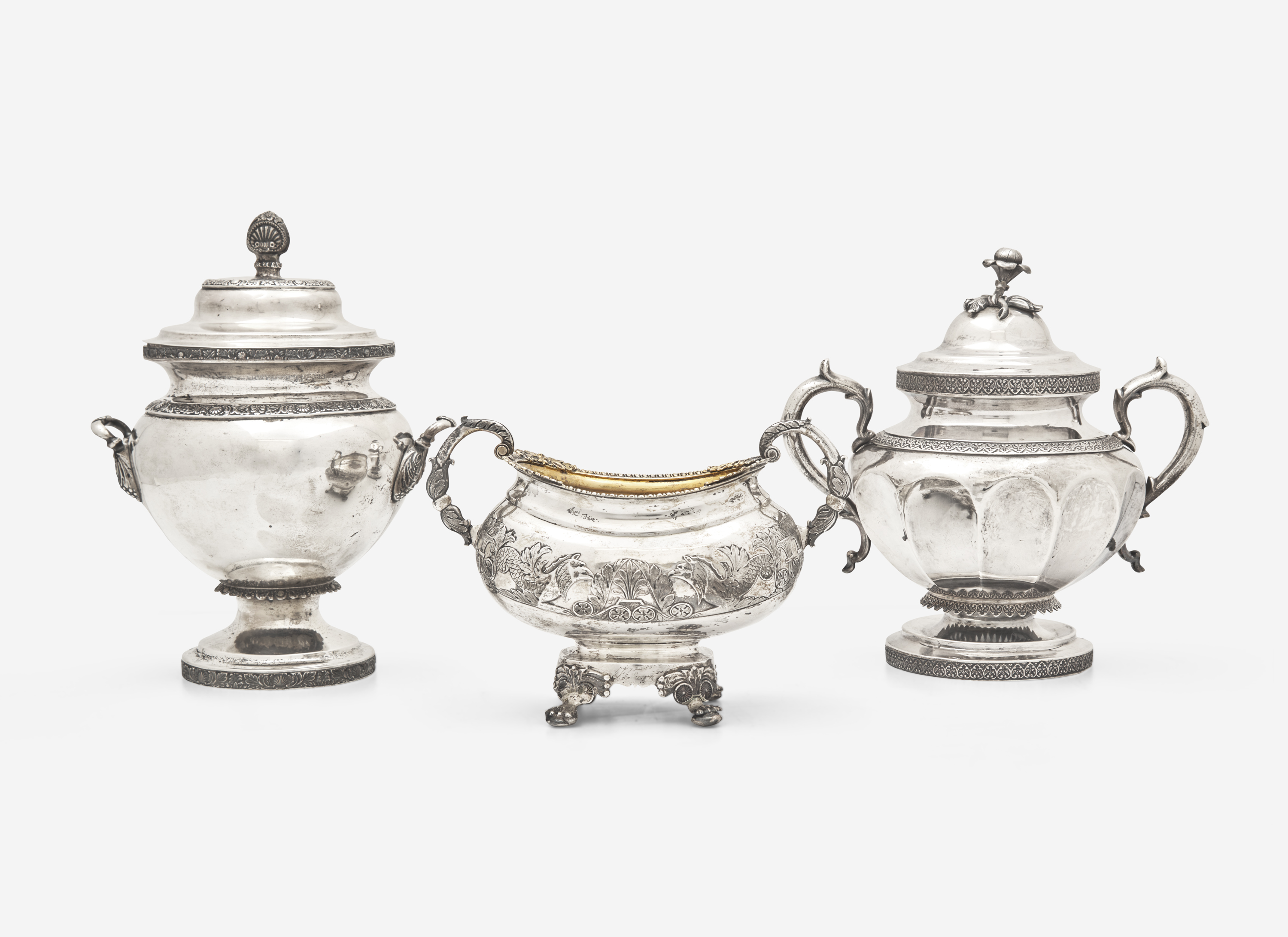 A group of three Federal or Classical coin silver sugar bowls, Nicholas ...