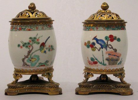 A pair of Chantilly ormolu mounted porcelain brule parfum circa 1780 ...